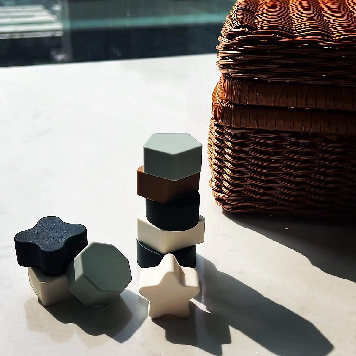 Sunmero Silicone Stacking Toys Silicone Puzzle Board Shape Sorter Sensory Toys for Babies (Khaki)