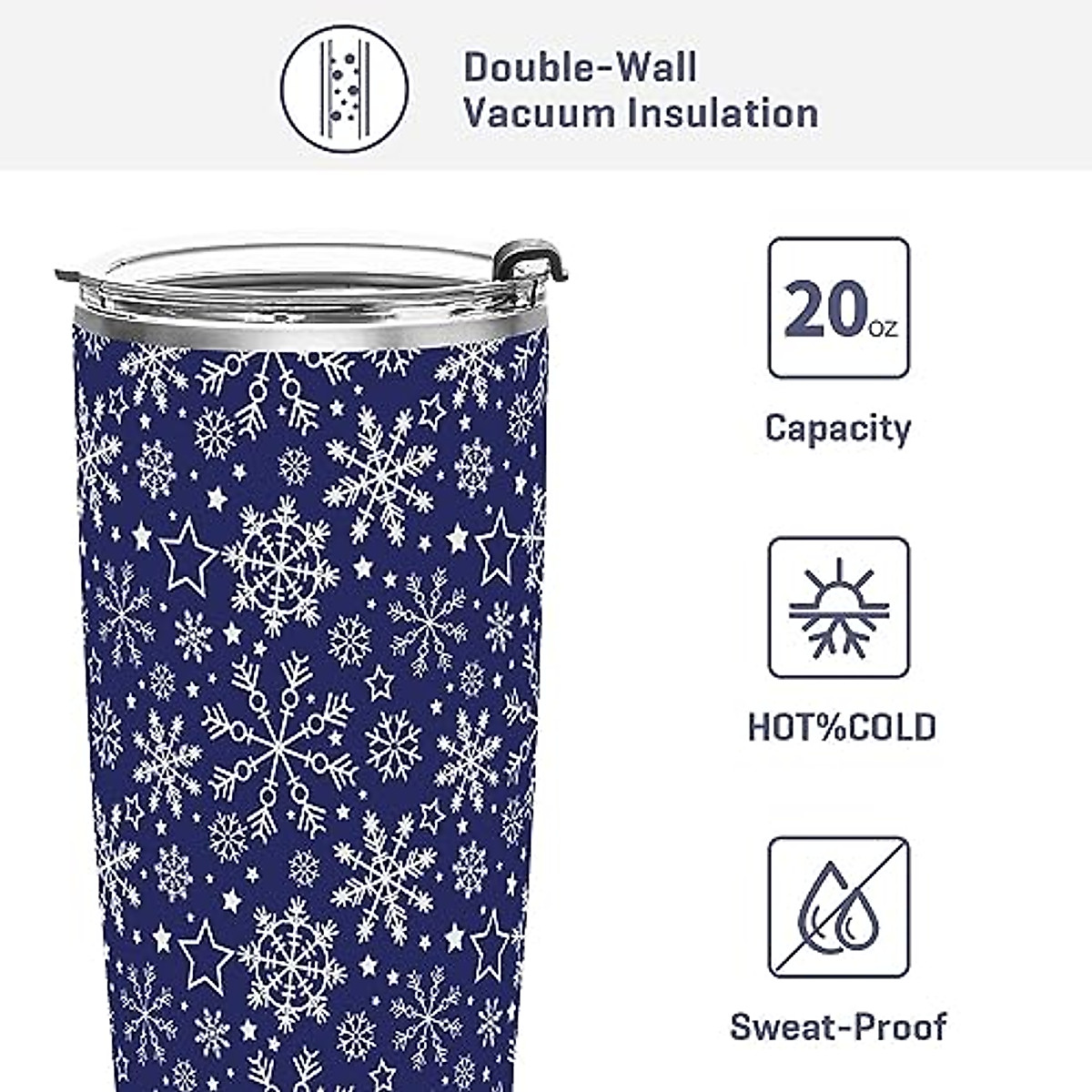 Jihqo Blue Christmas Snowflakes Tumbler with Lid and Straw, Insulated Stainless Steel Tumbler Cup, Double Walled Travel Coffee Mug Thermal Vacuum Cups for Hot & Cold Drinks 20oz