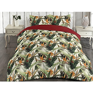 Ambesonne Exotic Duvet Cover Set, Bird of Paradise Flowers Tropical Design Pattern Vintage Hawaiian Style, Reversible 3 Piece Bedding Set with 2 Pillow Shams, Queen, Marigold Green