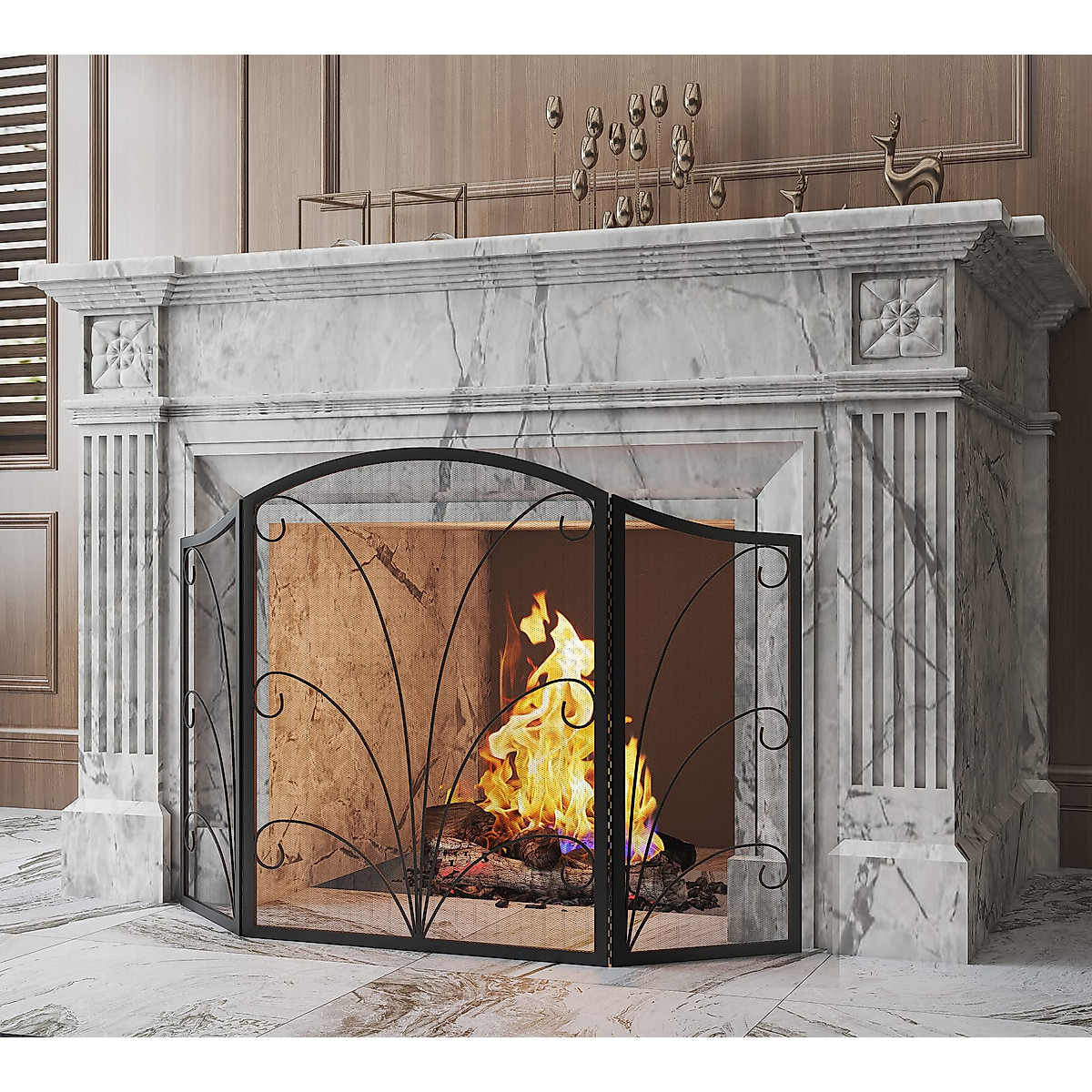 Kingson 3-Panel Arched Fireplace Screen Decorative, Handcrafted Scroll Wrought Iron Fireplace Spark Guard Cover - Black