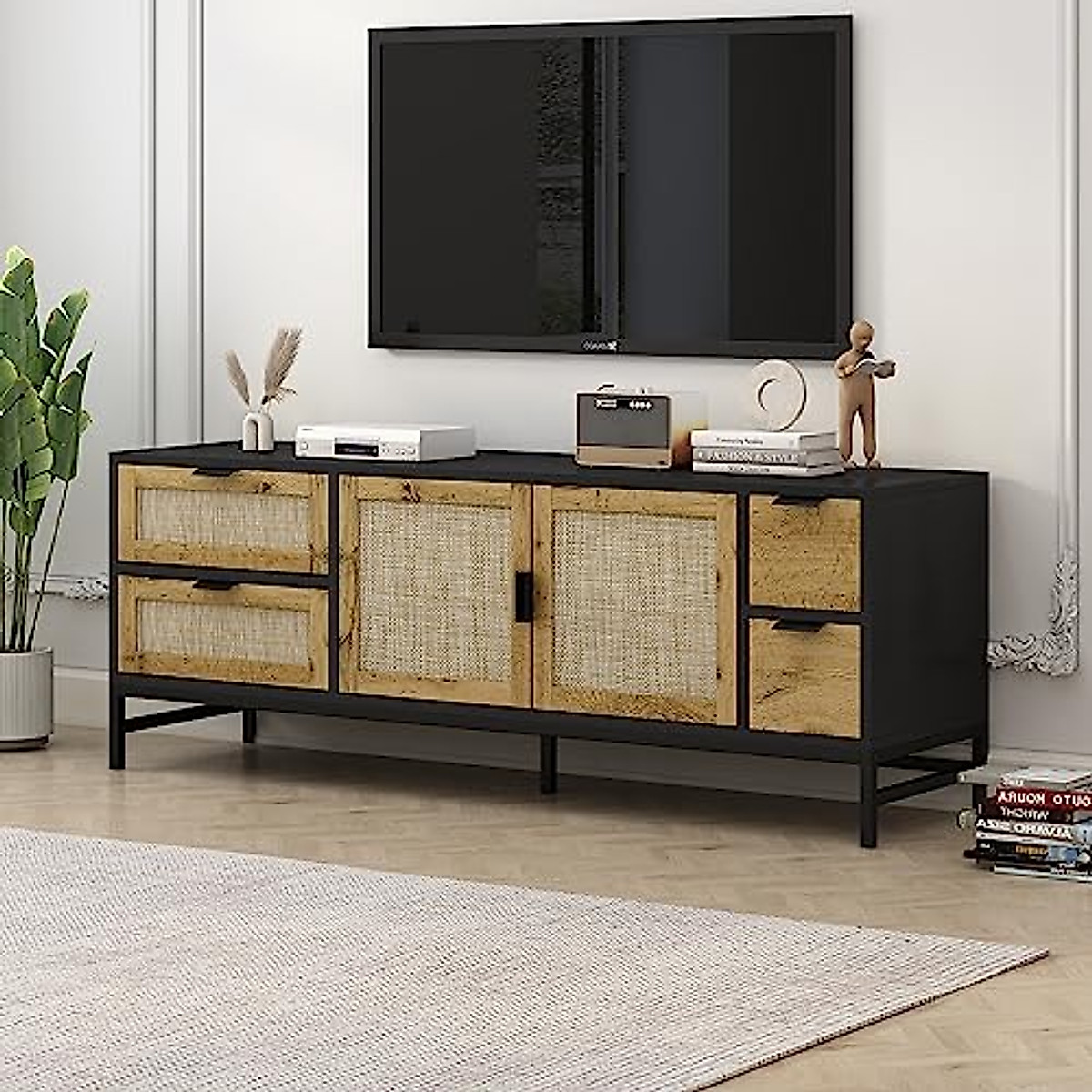 Voohek Rattan Boho TV Stand with Drawers and Adjustable Shelves, Entertainment Center w/Storage for 65 inch Television, Media Console Table for Living Room, Black