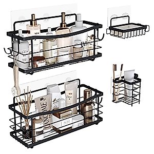 Couguarack Adhesive Shower Caddy Basket Shelf , Stainless Steel Organizer Storage Bathroom Shower Rack , Wall Mounted and No Drilling (4-pack Black)