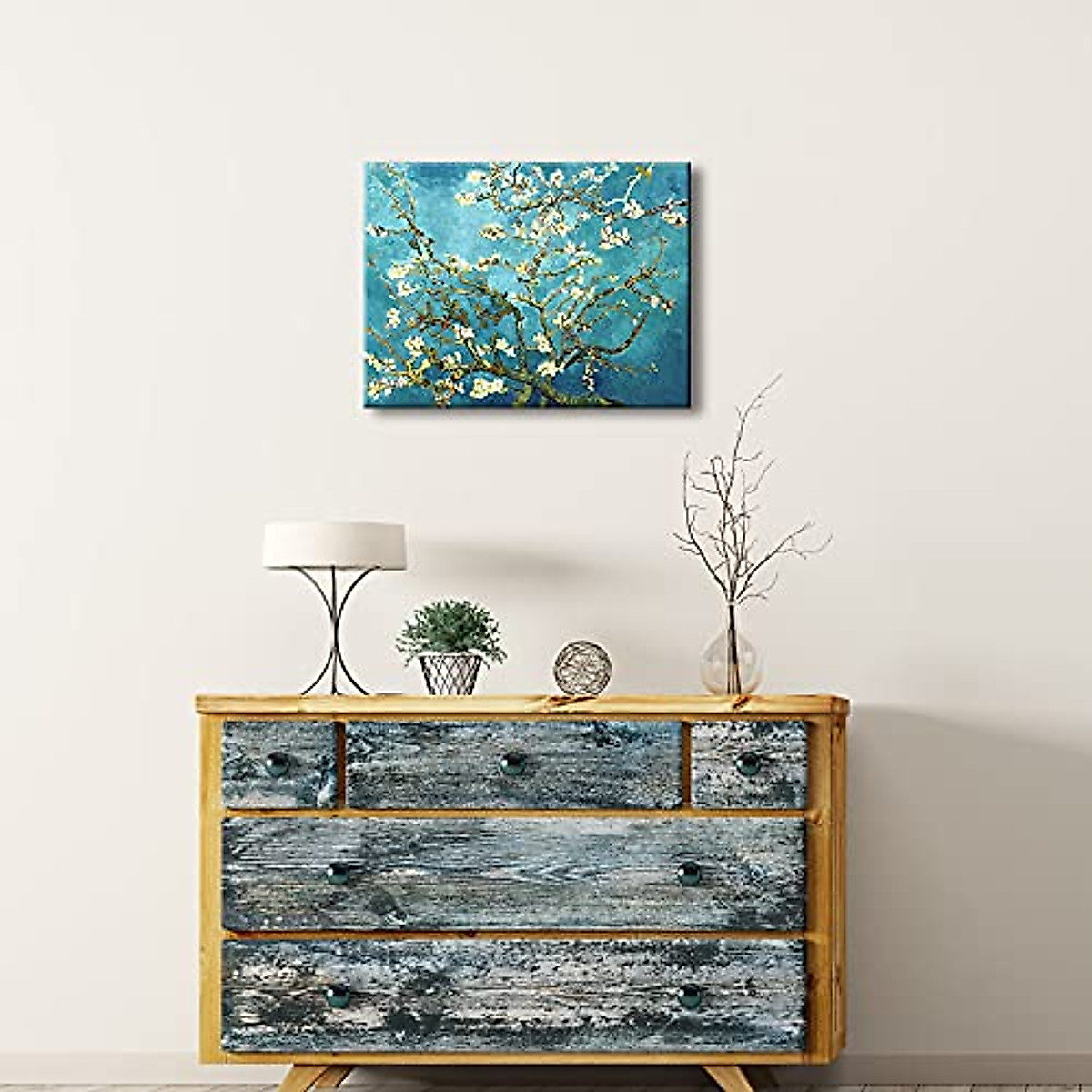 Wieco Art Almond Blossom Modern Framed Floral Giclee Canvas Prints By Van Gogh Famous Oil Paintings Reproduction Flowers Pictures on Canvas Wall Art Ready to Hang for Bedroom Home Decorations