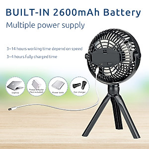 Rechargeable Small Desk Fan, Battery Powered Table Fan with Flexible Tripod, Handheld Personal mini Fan, 3 Speeds 360° Rotation 5 Inch Portable USB Fan Quiet For Bedroom Office Desktop Travel(Black)