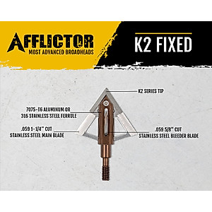 Afflictor K2-Fixed Broadhead | Cut on Contact Fixed Blades | Superior Penetration | Field Point Accuracy | Durable Design | Low Profile | Shoots from Any Bow |