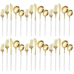 Kawlity Stainless Steel Serving Flatware Durable White & Gold Polished Knives Spoon Forks 30 Pcs Utensil Dinner Tableware, for Kitchen Dishwasher Adults and Children Ideal Gift