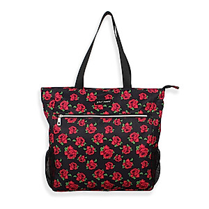 Betsey Johnson 15.6 Inch Zipper Beach Tote Bag Lightweight Large Durable Polyester with Mesh Side Pockets for Gym Work, Covered Rose