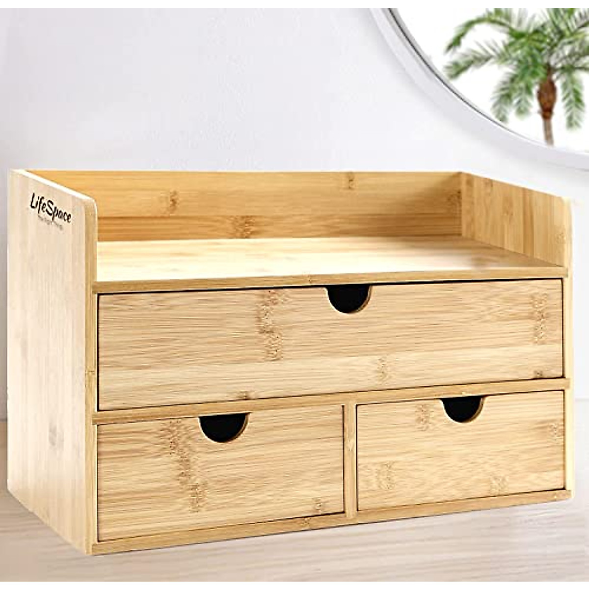 LifeSpace. Bamboo Makeup Organizer, Wooden Bathroom Counter Organizer, Vanity Wood Makeup Organizer with Drawers, Bedside Table Organizer Womens for Skin Care Cosmetics. No Assembly Required.
