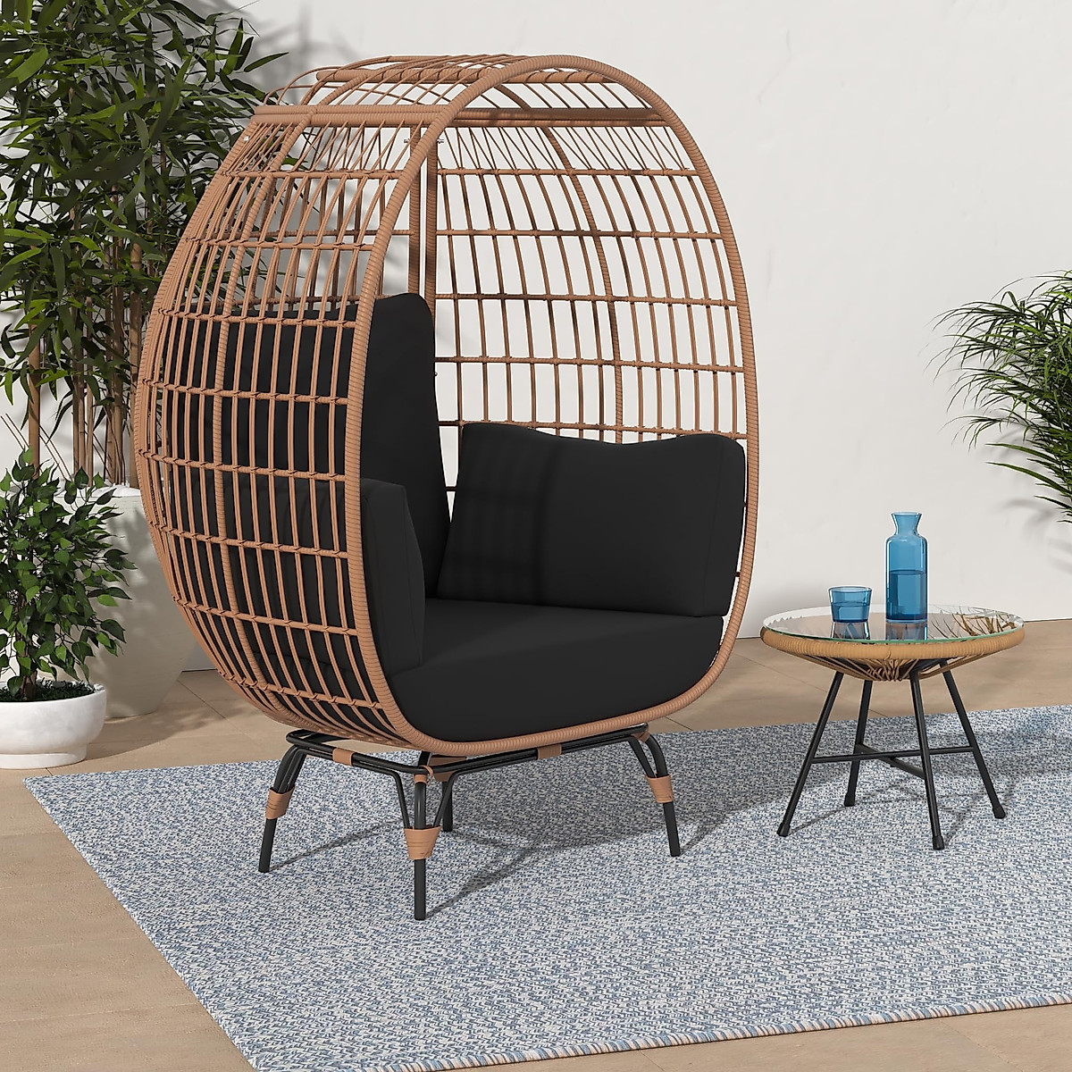 OTSUN Oversized Wicker Egg Chair: Outdoor Indoor Lounger with 4 Cushions, 440lb Capacity, Egg Basket Chair for Living Room, Backyard, Balcony, Patio, Black