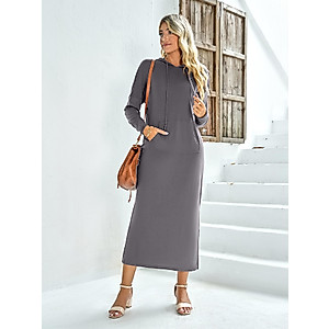 GIKING Women's Casual Hoodies Long Sleeve Split Hooded Long Maxi Sweatshirt Dress with Pockets 2023 Fall Fashion（Gray,L）