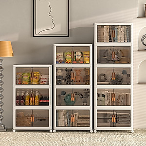 VECELO 16 Gal Stackable Storage Bins with Lid, 5 Pack Plastic Collapsible Storage Cabinet, Foldable Folding Box Organizer/Storage Container Cart with Wheel and Double Door for Home Office, White