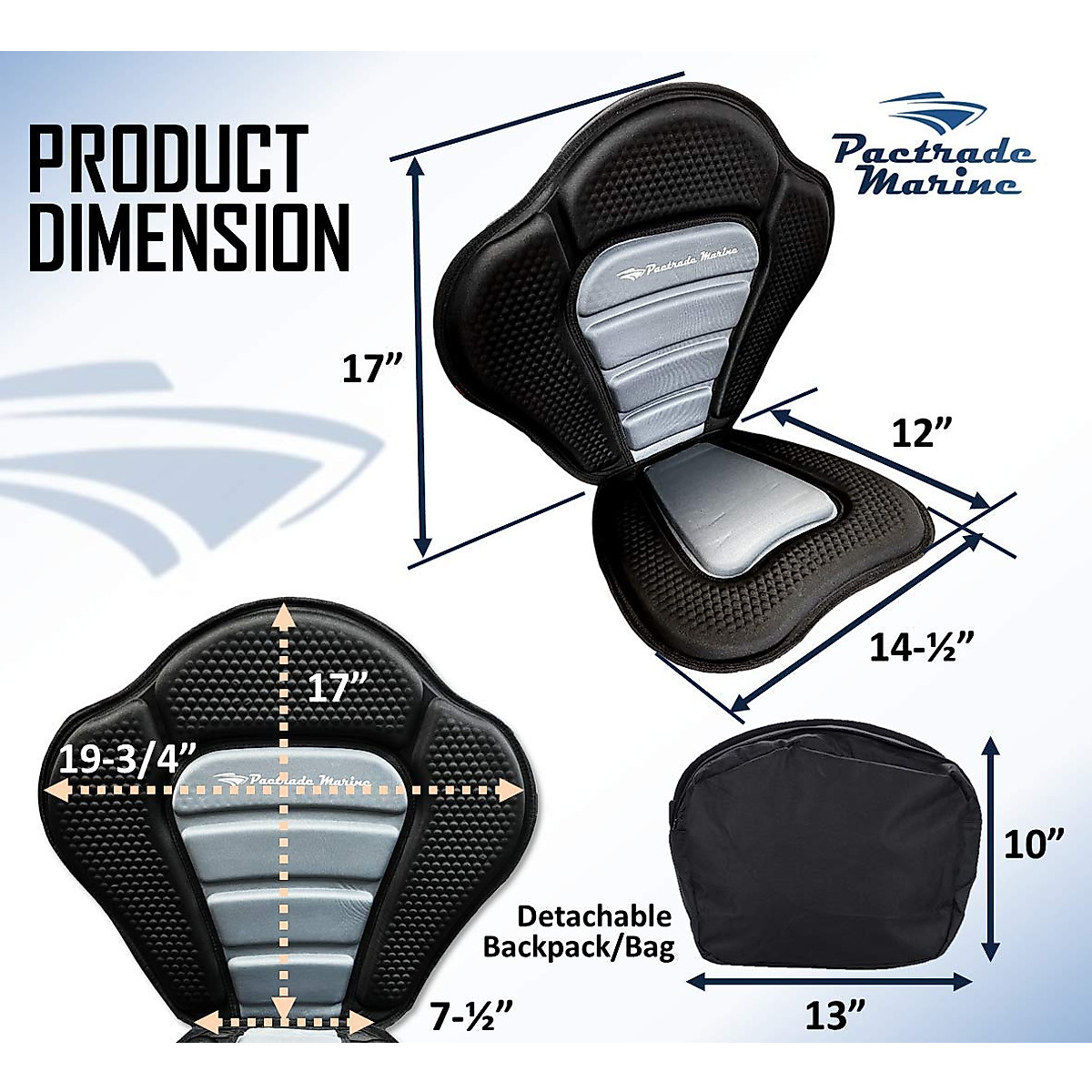 Pactrade Marine Adjustable Straps Black Gray Padded Deluxe Kayak Seat Detachable Storage Back Backpack Bag Canoe Backrest Support Cushion Sit On Top Fishing Brass Clips Canoeing Kayaking Rafting (1)