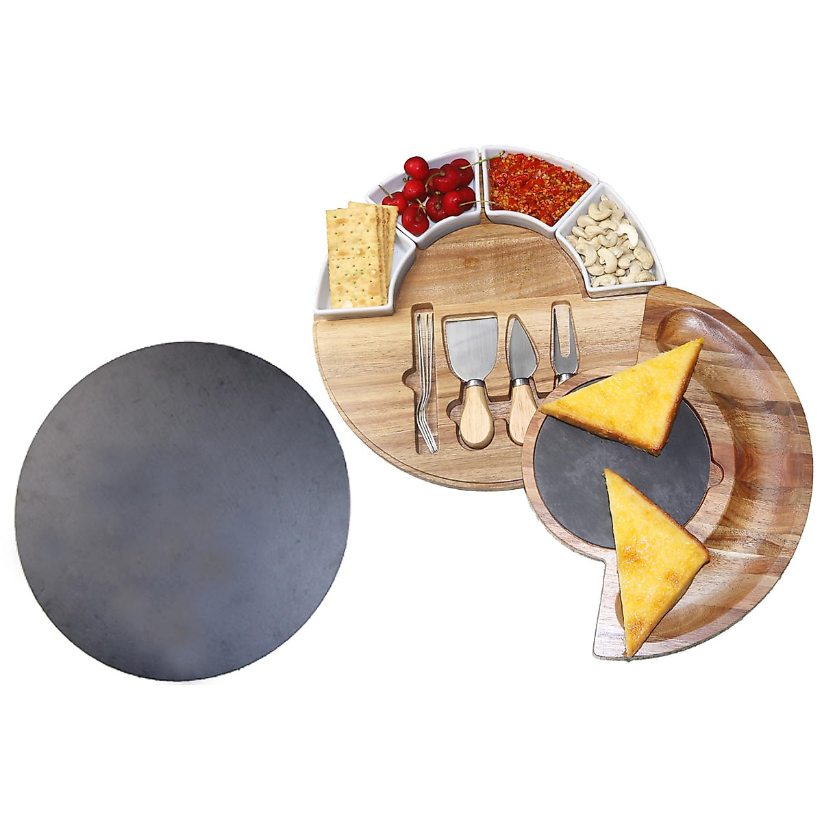 Acacia Wood Cheese Cutting Board Set - Charcuterie Board Set and Cheese Serving Platter with Utensil Set and Ceramic Bowls Slate Cheese Boards Perfect Meat/Cheese Board and Knife Set for Entertain