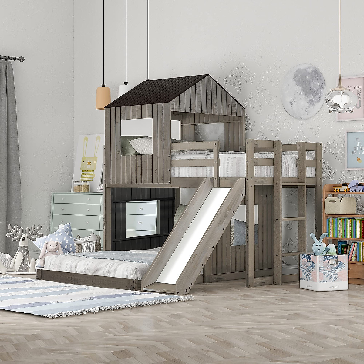 Harper & Bright Designs Twin Over Full Bunk Bed with Slide and Roof, Wood House Bunk Bed with Ladder and Guardrails, Playhouse Bed for Kids Teens Girls Boys – Antique Gray