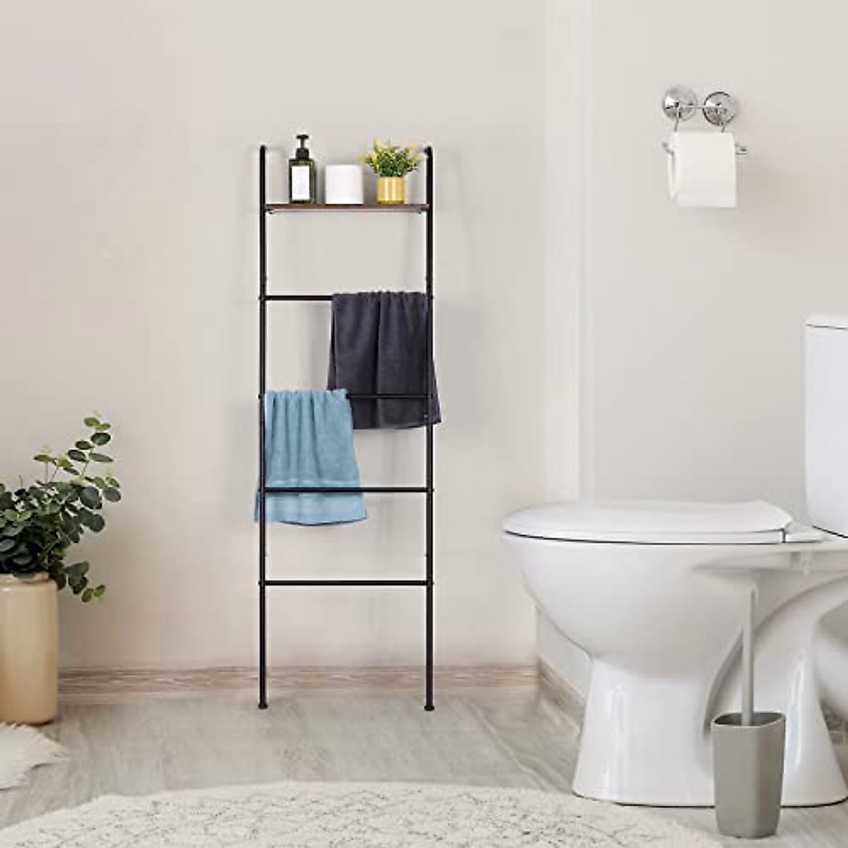 Blanket Ladder Towel Ladder, Wall Leaning Metal Blanket Ladders with Shelf for The Living Room, Black Towel Ladder Rack for Bathroom