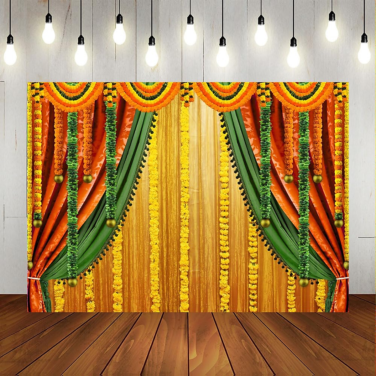 Lofaris India Pooja Backdrop Puja Ganpati Photography Traditional Banana Leaf Green Chatiya Ganesh Mehndi Festival Background Decorations Wedding Party Marigold Garlands Photo Props 7x5ft