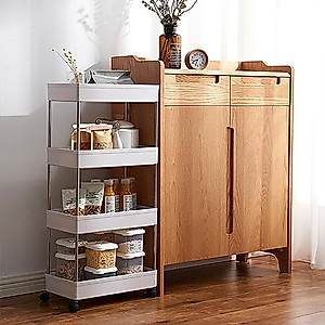 Camidy Rolling Storage Cart, 4-Tier Bathroom Organizer Utility Cart Laundry Room Organization Mobile Shelving Unit with Hooks, Lockable Wheel for Kitchen Bedroom Office