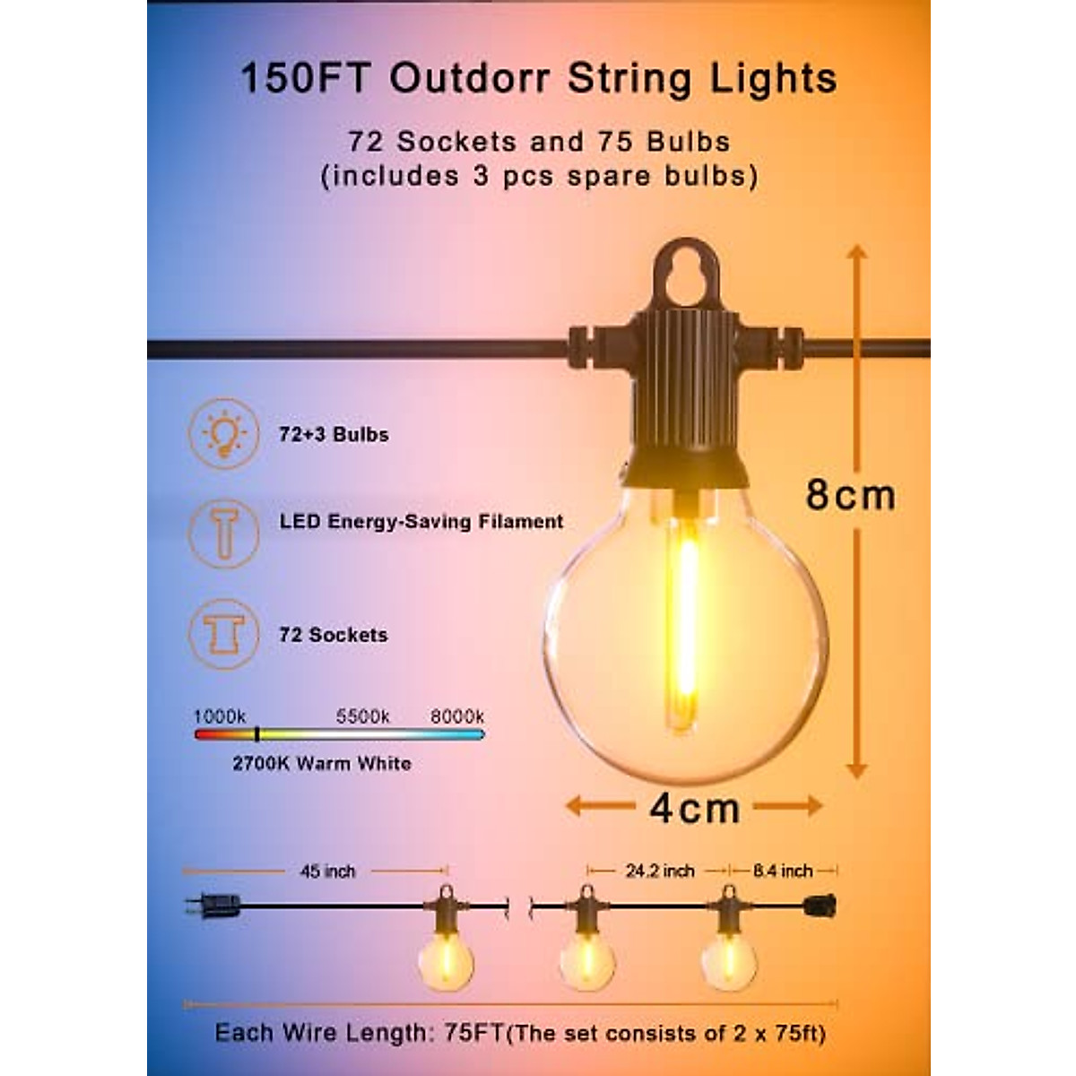Zuske 150FT LED Outdoor String Lights, G40 Globe Patio Lights and Commercial Grade Weatherproof Strand String, Hanging String Lighting for Gazebo Bistro Backyard Garden(2x75FT)