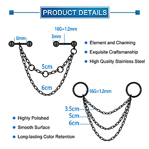 Qmcandy 6pcs 16g Industrial Barbell with Chain Surgical Steel Industrial Earring Chain Cartilage Earrings Industrail Piercing, Chain