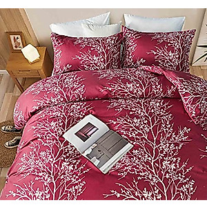 NANKO Burgundy Red Queen Duvet Cover Set White Floral Tree Branch Pattern Christmas 3pc Size 90x90 Microfiber Comforter Quilt Bedding Cover with Zip Ties - Modern Farmhouse for Men and Women Teen Girl