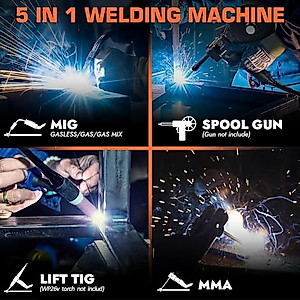 HITBOX 6 in 1 MIG Welder, Ture 200Amp Multi process Aluminum Flux Core Welder 110V 220V Synergic Gas MIG/Gasless MIG/ARC/Lift TIG/Spool Gun/IGBT Quiet Inverter Welder With Digital LCD Display