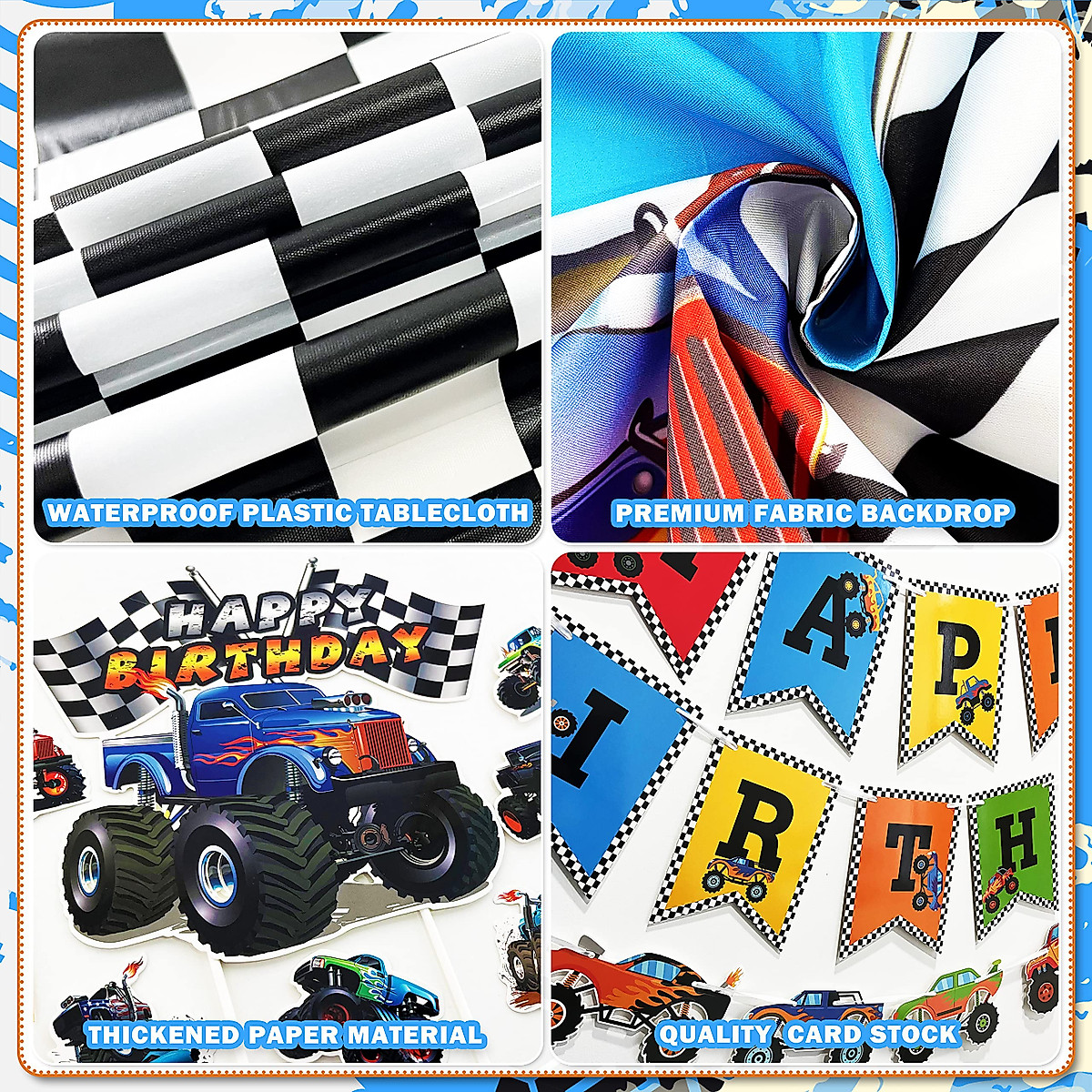 Truck Birthday Party Supplies Truck Theme Party Decorations, 99 Pcs(Backdrop Tablecloth Banner Triangle Bunting Cake Toppers Foil Balloons Honeycomb Centerpieces Flags Balloon Garland Arch Kit)