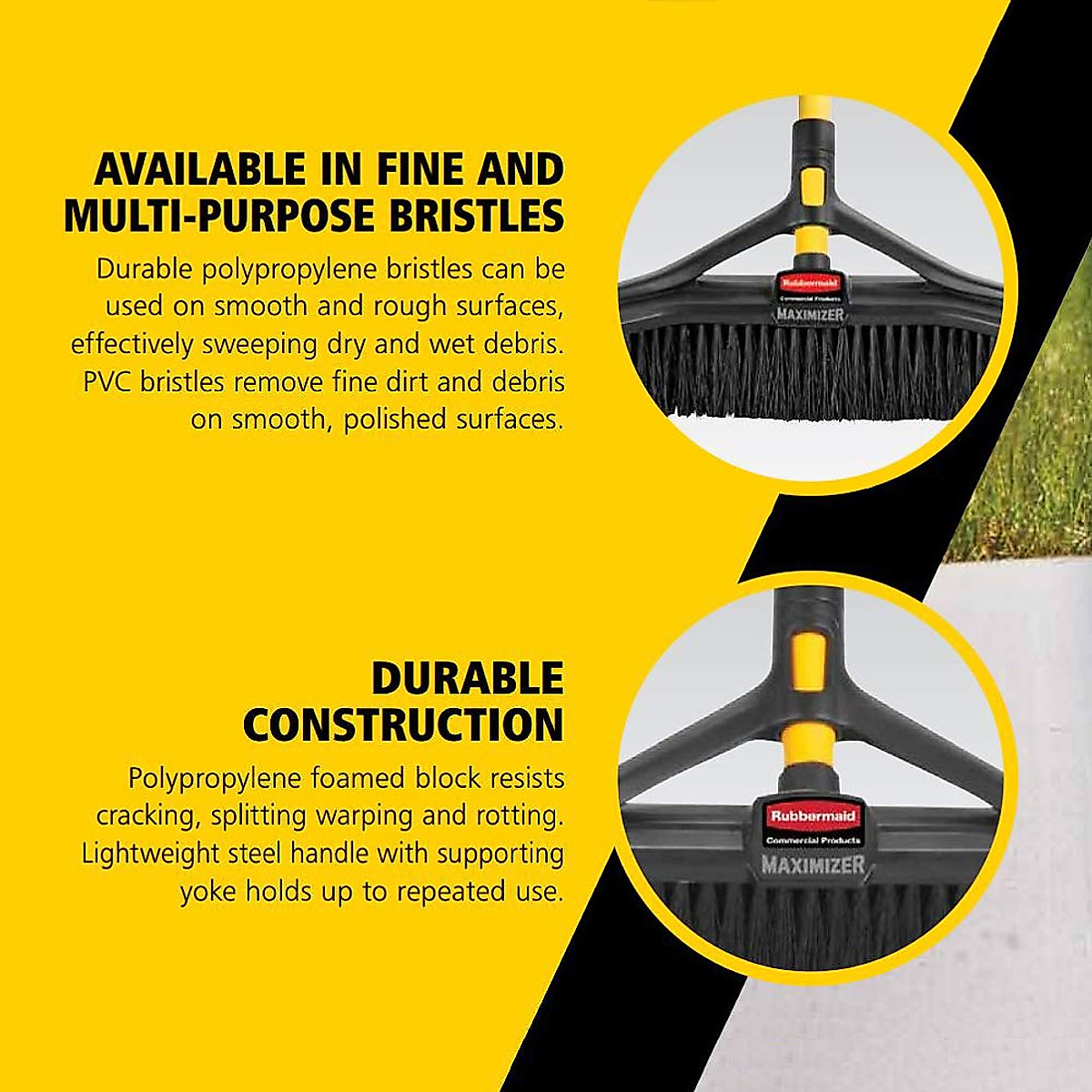 Rubbermaid Commercial Products Maximizer 36" Push to Center Push Broom, Polypropylene Fill, Black, Angled Sides, Medium Bristles for Indoor/Outdoor Multi-Surface Use