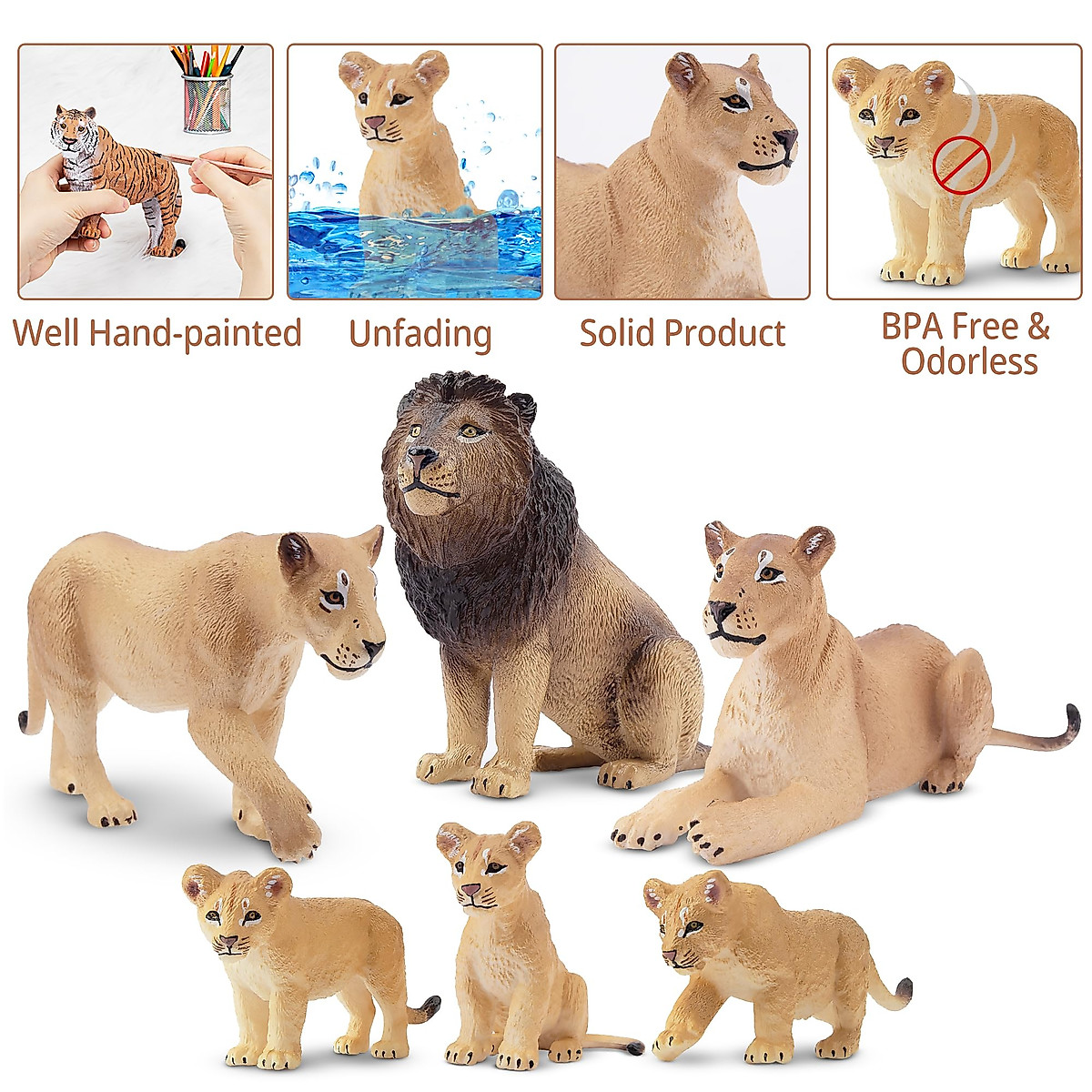 Toymany 6PCS Realistic Lion Figurines with Lion Cubs, 2-5" Jungle Animals Figures Family Set Includes Baby Lions, Educational Toy Cake Toppers Christmas Birthday Gift for Kids Toddlers