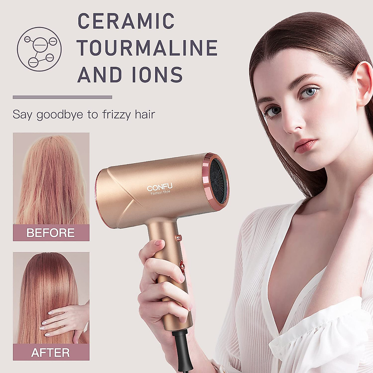 Ionic Hair Dryer, CONFU 1600W Professional Hair Dryer (with Powerful DC Motor) for Hair Care, Powerful Hot/Cool Wind Blow Dryer, 2 Concentrator Nozzles and ALCI Safety Plug for Home Travel Hotel