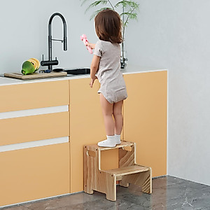 Wooden Step Stool,Two Step Stool for Kids,Toddler Montessori Stool Supports 300 lbs Kids Toddler Stepping Stool for Bathroom Sink/Toilet/Kitchen/Bed,Natural