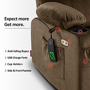 MCombo Large Lay Flat Dual Motor Power Lift Recliner Chair Sofa with Massage and Heat for Elderly People, Infinite Position, Fabric 7680 (Large-Regular, Brown)