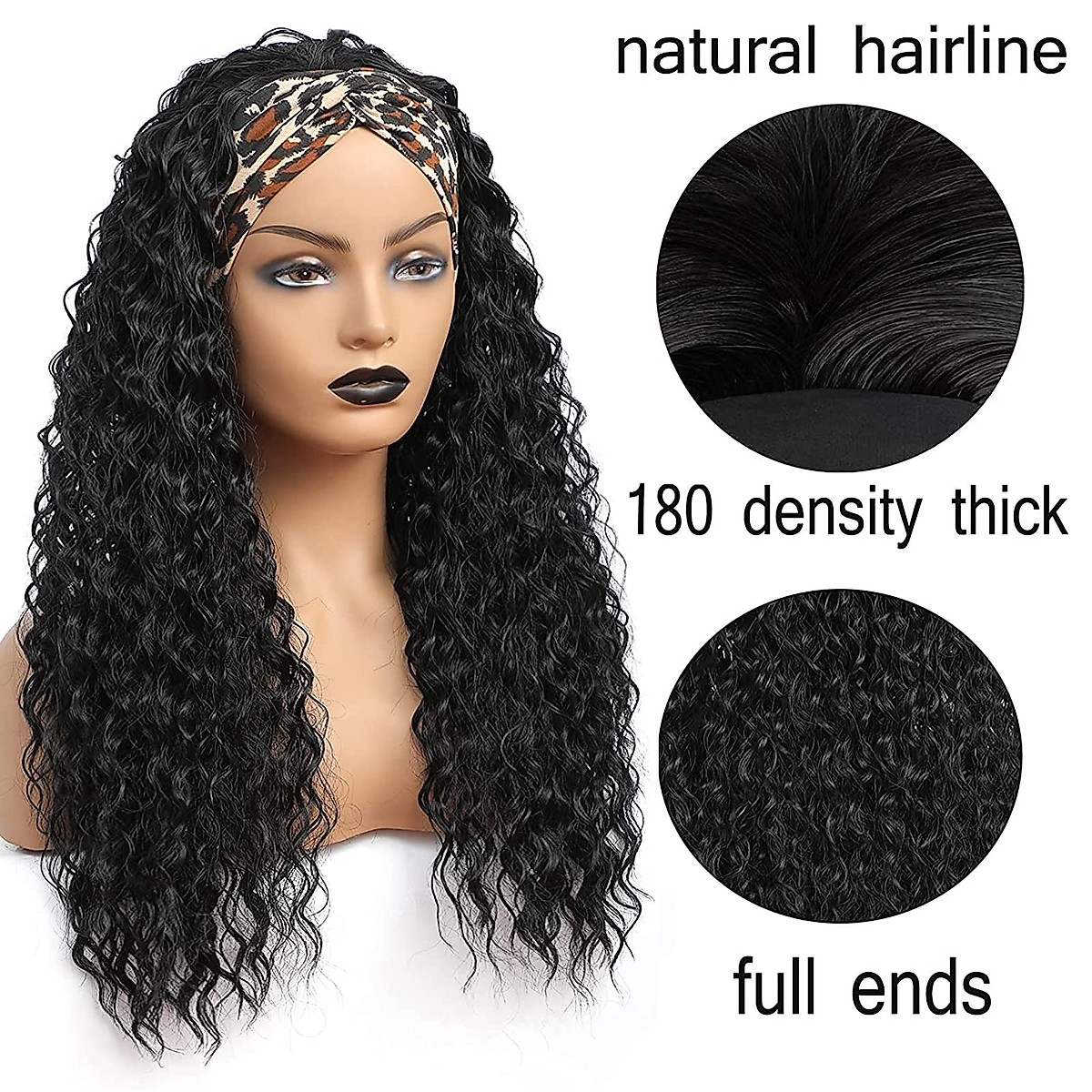 Headband Wig Water Wave Headband Wigs for Women Black Synthetic Curly Headband Wig 26 Inch Glueless Half Wig 180% Density Wigs with Headbands Attached Natural for Daily Use (26 Inch (Pack of 1), 1B)