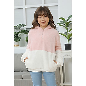 Haloumoning Girls Fuzzy Fleece Pullover Hoodies Sweatshirt Casual Loose Outwear Coat with Pockets 10-11 Years