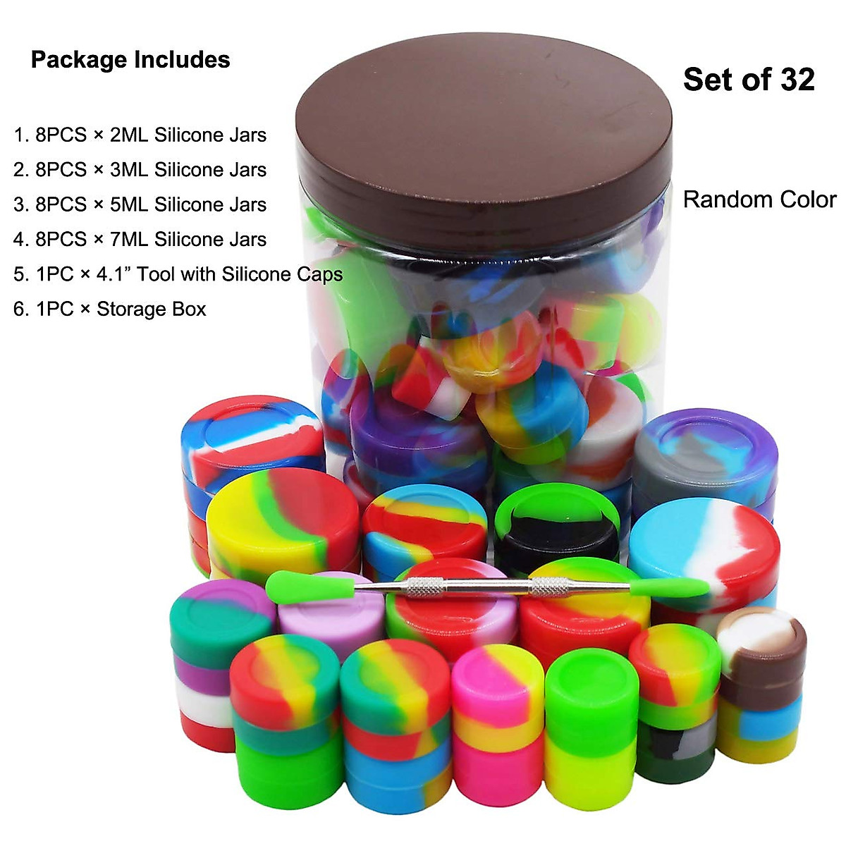 Vitakiwi 2ml 3ml 5ml 7ml Round Silicone Concentrate Containers Multi Use Food Storage Jars with Carving Tool (32PCS)