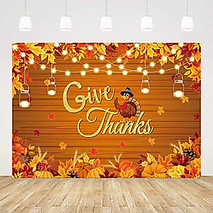 AIBIIN 7x5ft Autumn Thanksgiving Festival Backdrop Fall Wooden Maple Leaves Pumpkin Photography Background Harvest Give Thanks Banner Thanksgiving Day Party Decorations Props