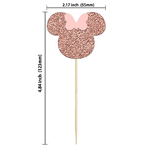 Gyufise 36Pcs Mouse Inspired Cupcake Toppers with Pink Bow Rose Gold Glitter Mini Mouse Cupcake Picks Decorations for Baby Shower Wedding Kids Birthday Party Supplies
