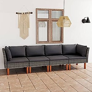 4-Seater Patio Sofa with Cushion | 4 Piece Garden Sofa | Outdoor Patio Couch | Rattan Bench Couch for Outside Balcony, Deck, Porch, Backyard and Poolside | Anthracite Cushion and Gray Poly Rattan