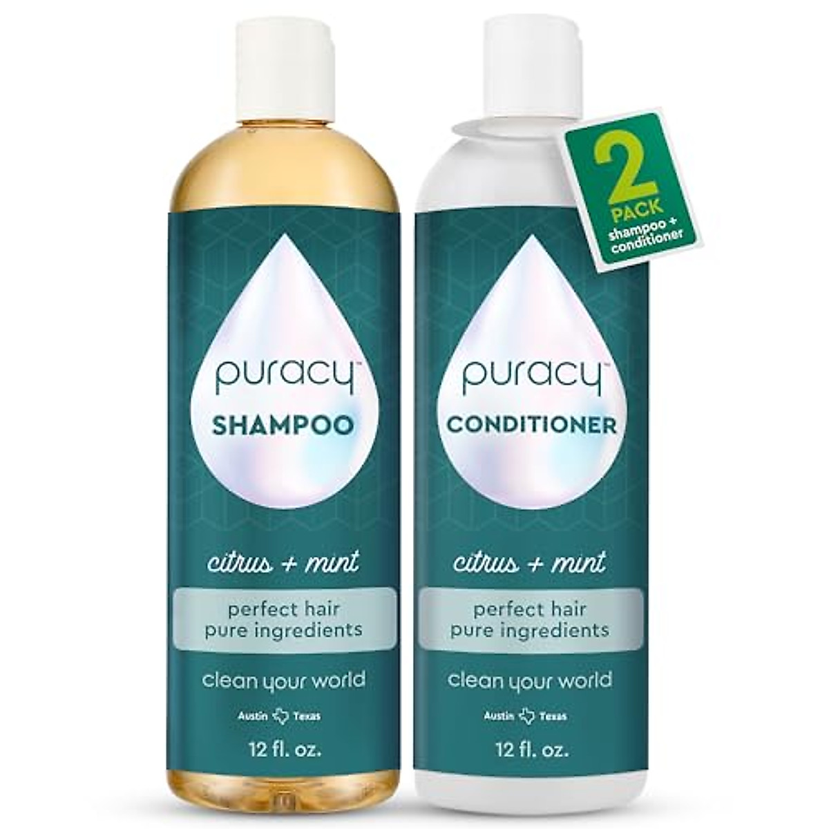 Puracy Shampoo and Conditioner Set, Sulfate-Free, Hair Stays Clean and Silky Longer with LexFeel N5, Color-Safe, 16 Ounce (2-Pack) (12 Fl Oz (Pack of 2))