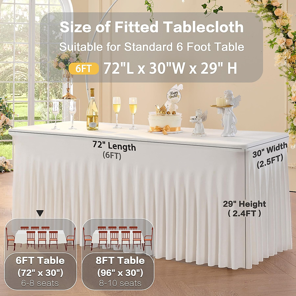 Htper 2 pk Spandex Ivory Table Clothes for 6 Foot Rectangle Tables, Stretch Table Cloths 6 ft Fitted Table Cover Desk Skirt Tablecloth for Parties Weddings Birthday Banquet Baby Shower
