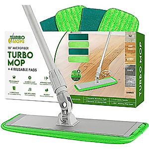 Turbo Microfiber Mop Floor Cleaning System - 18-inch Dust Mop with 4 Reusable Pads for Hardwood and Tile, 360-Spin Floor Mop Head & Extendable Handle - Household Cleaning Tools