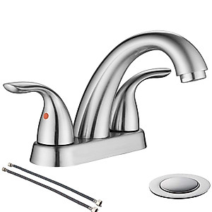 Phiestina Centerset 4 Inch Brushed Nickel 2 or 3 Holes Stainless Steel Bathroom Sink Faucet, 2 Handle Bathroom Faucet with Copper Pop Up Drain and Water Supply Lines, BF008-5-BN