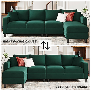 Belffin Velvet Convertible Sectional Sofa L Shaped Couch Reversible Sectional Sofa with Chaise Velvet 4 Seat Sectional Sofa (Green)…