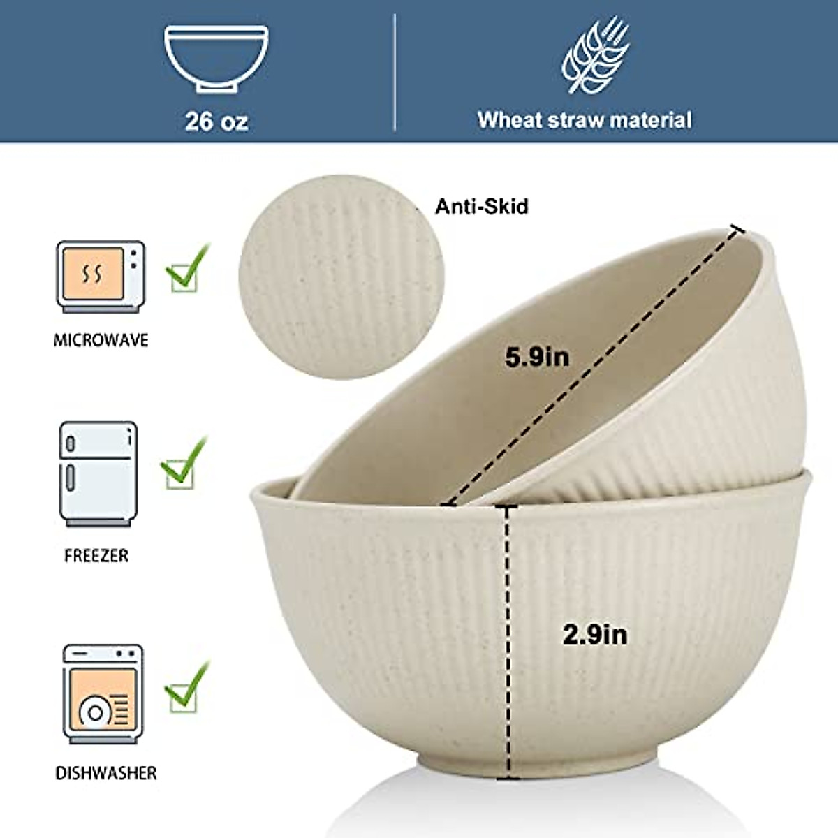 Wrova Wheat Straw Bowl Sets of 8,Unbreakable Cereal Bowl 26 OZ,Microwave and Dishwasher Safe Bowls,Kids Bowl suitable for Cereal,Salad,Snack and Soup. Winter-Snow Series