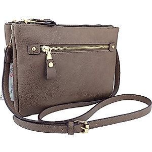 B BRENTANO Multi-zipper Double Pocket Crossbody Handbag Purse (Stone)
