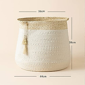Rope Basket Woven Storage Basket - Laundry Basket Large 17.3x 15 x 14.1 Inches Cotton Blanket Organizer, Baby Nursery Containers White Home Decor Gift