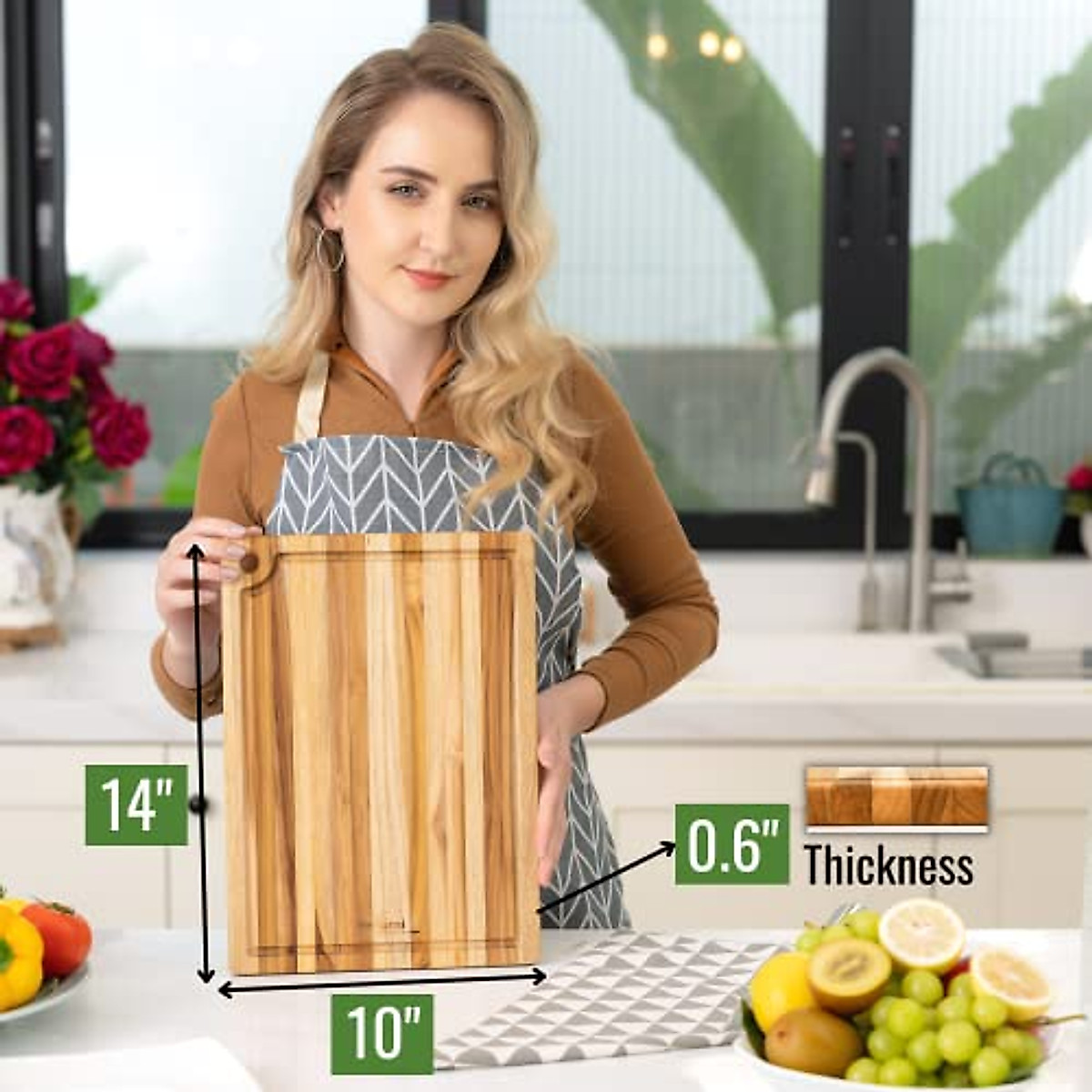BEEFURNI Teak Wood Cutting Board with Juice Groove, Small Wooden Cutting Boards for Kitchen, Hanging Chopping Board, Mothers Day Gifts, 1 Year Warranty, (Small, 14 x 10 x 0.6 inches)