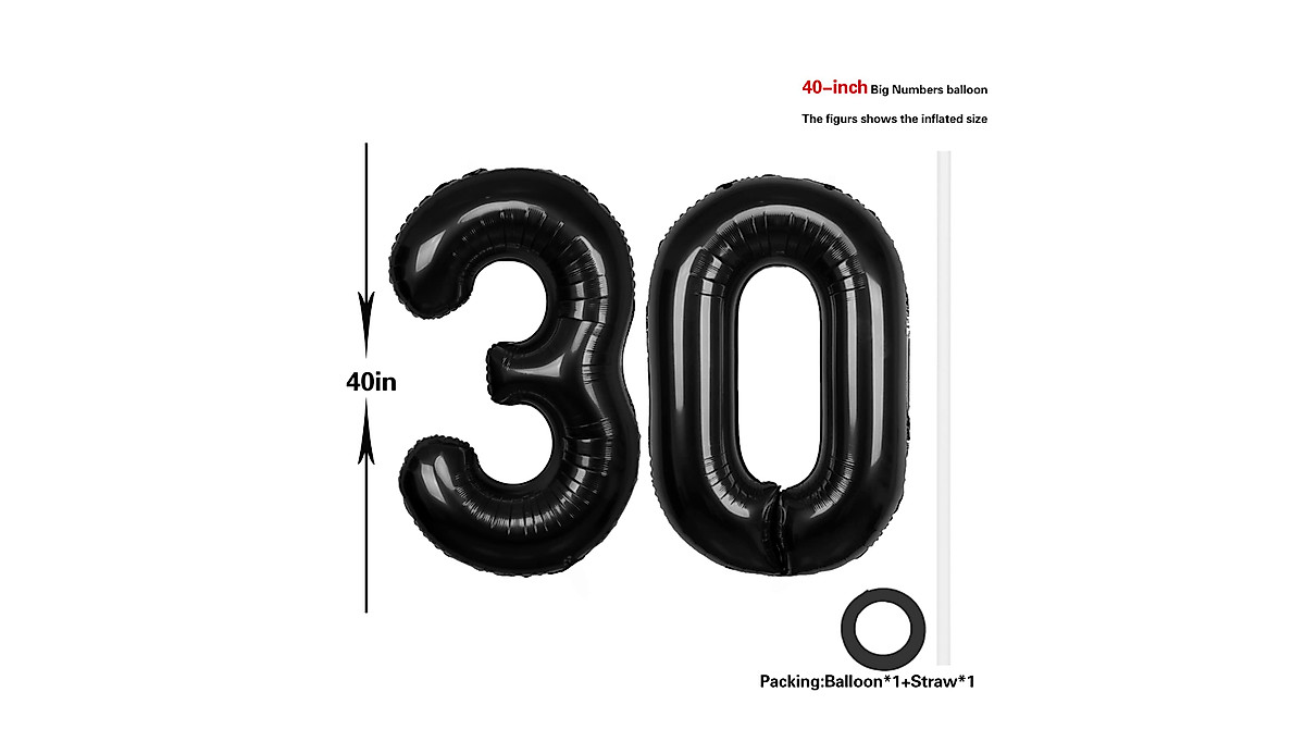 40 Inch Number 30 Balloon black Jumbo Giant Big Large Number 30 Foil ...