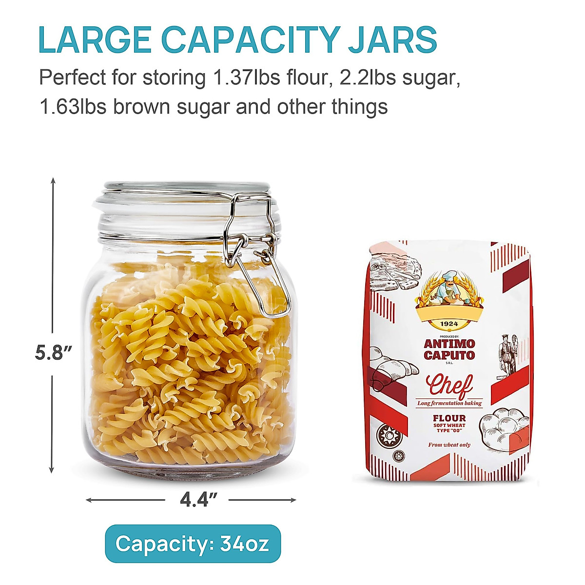 Vtopmart 34oz Glass Food Storage Jars with Airtight Clamp Lids, 3 Pack Kitchen Canisters for Flour, Cereal, Coffee, Pasta and Canning, Square Mason Jar with 8 Chalkboard Labels