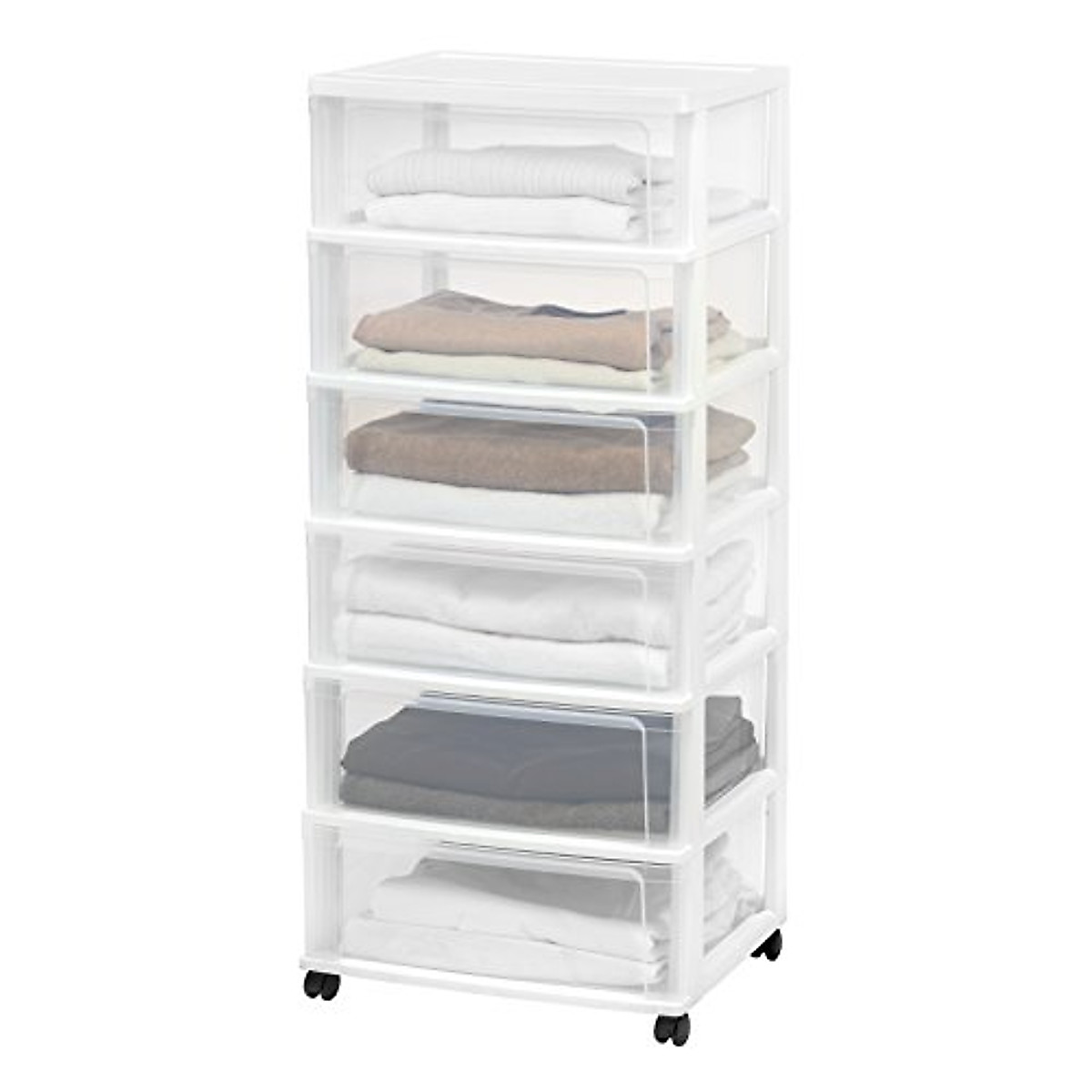 IRIS USA Plastic 6 Drawer Wide Storage Drawer Cart with 4 Caster Wheels for Home, Closet, Bedroom, Bathroom, Office, Laundry, Kitchen, Craft Room, Nursery and School Dorm, White/Clear, Set of 1
