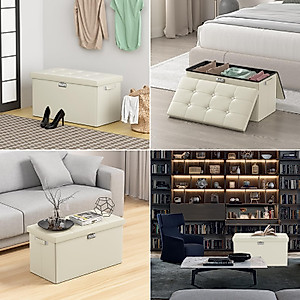 ENGPOW Storage Ottoman Bench,Fireproof Folding Storage Bench with Lock,30 Inches Fire＆Water Resistant Storage Chest Foot Rest Stool Leather Bedroom Bench with Storage Safe for Document,Valuables,Beige